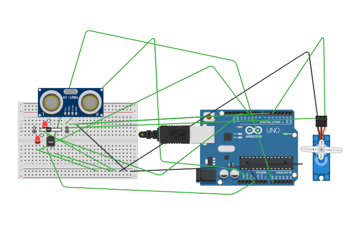 Circuit design Ultrasonic and servo - Tinkercad