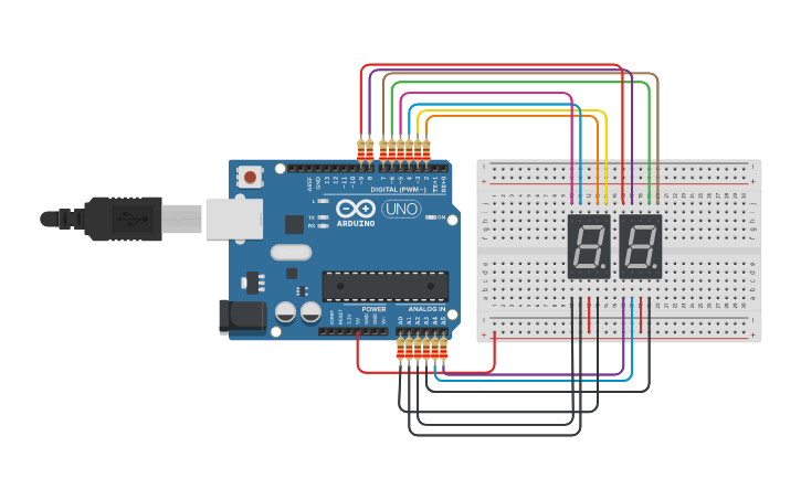 Circuit design Actividad - Usando estructura de for anidado - Tinkercad