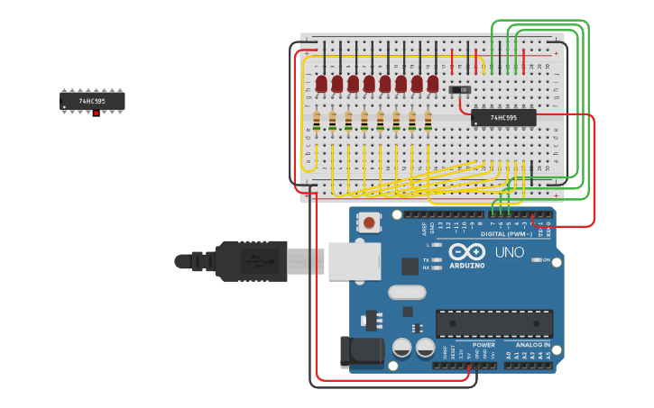 Circuit design Shift Register - 8-Led Shifter - Tinkercad