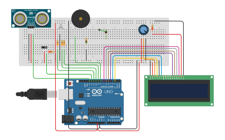 Circuit design Detector de distancia anti Covid-19 | Tinkercad