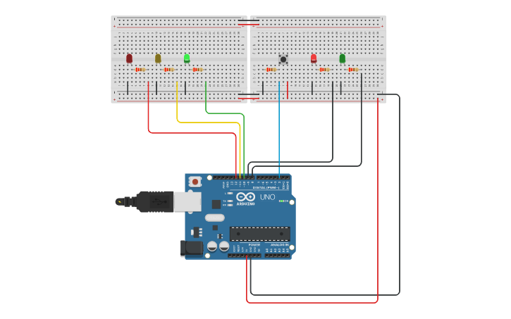 Circuit design Semáforo / pedestres - Tinkercad