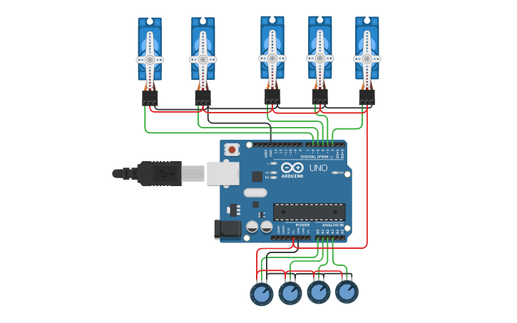 Circuit design Multi Servo Controlled by Potentiometer - Robotic Arm ...