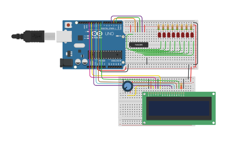 Circuit design Registro de corrimiento LCD - Tinkercad