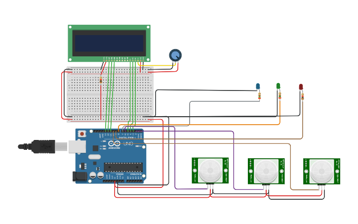Circuit design LCD e sensor de presença com leds - Tinkercad