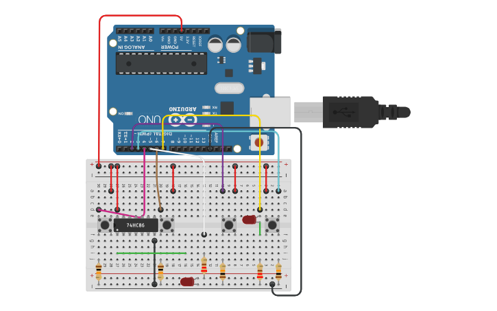 Circuit design 7406 - Arduino - XOR - Tinkercad