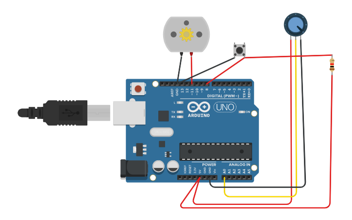 Circuit design DC motor with Potentiometer and Push Button - Tinkercad