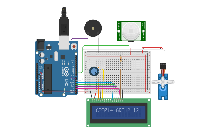 Circuit Design Experiment F Servo Motor With Pir Sensor And Lcd Tinkercad