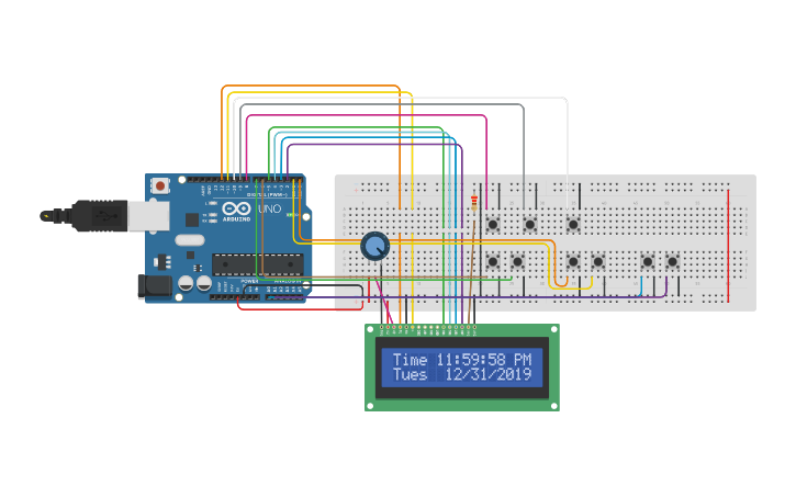 Circuit design Adjustable Digital Clock with Calendar - Tinkercad