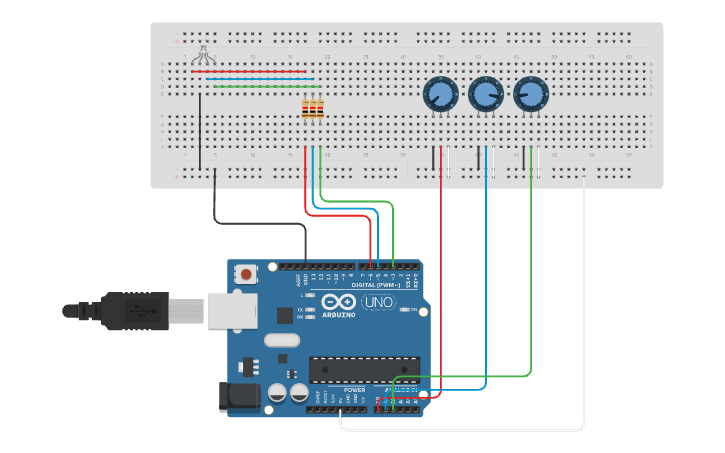 Circuit design Led RGB con Potenciómetros | Tinkercad