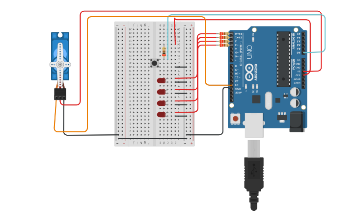 Circuit design Lab 12-9 Push-Btn LEDX4 Servo | Tinkercad