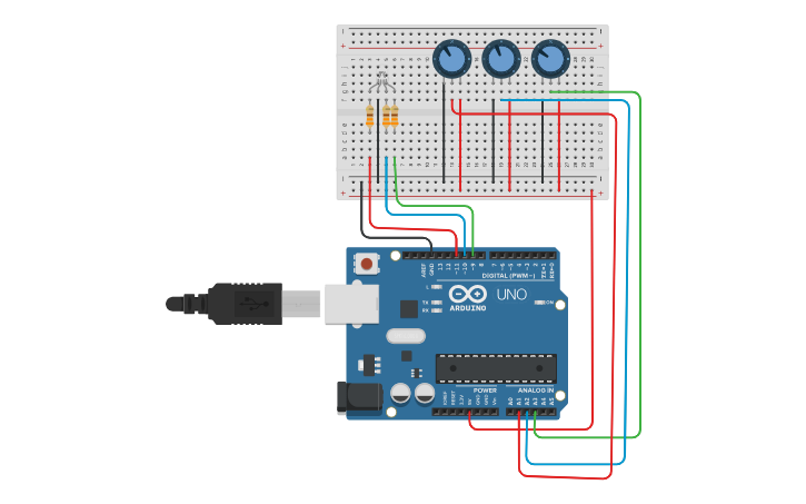 Circuit design Todos los colores (RGB y 3 pot) | Tinkercad