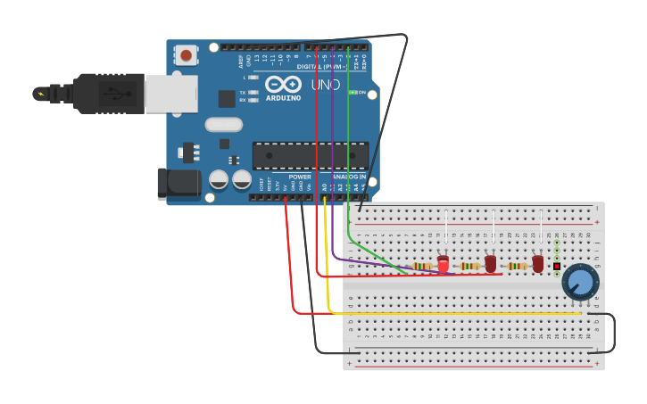 Circuit design Acionando 03 LEDs pela faixa de resposta do potenciômetro - Tinkercad