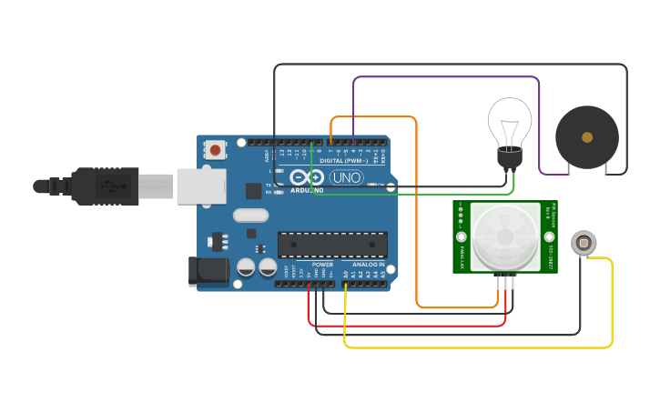 Circuit design arduino pir dan sensor cahaya - Tinkercad