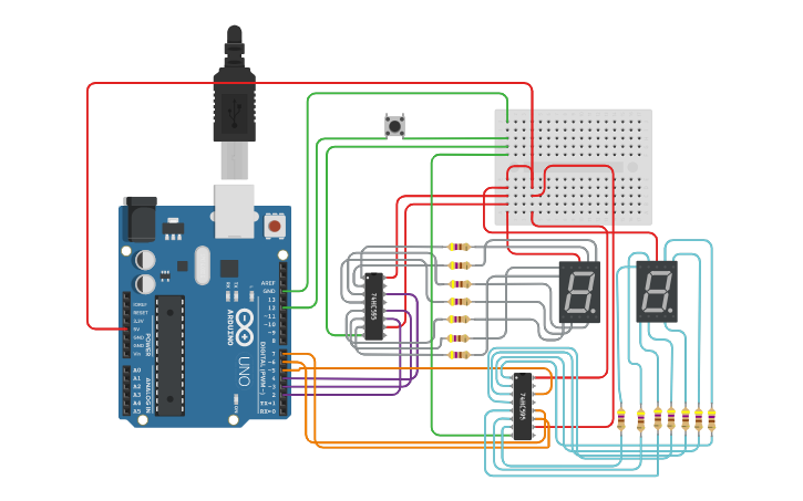 Circuit design Double Seven Segment Dice using 595 - Tinkercad Circuit design Double Seven Segment Dice using 595 - Tinkercad