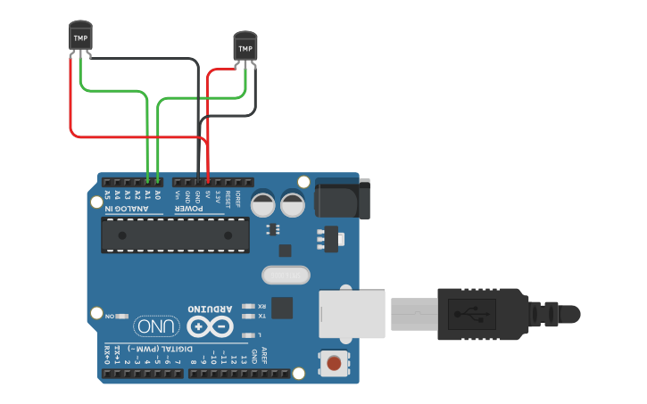 Circuit design Class Practice using two temp sensors | Tinkercad