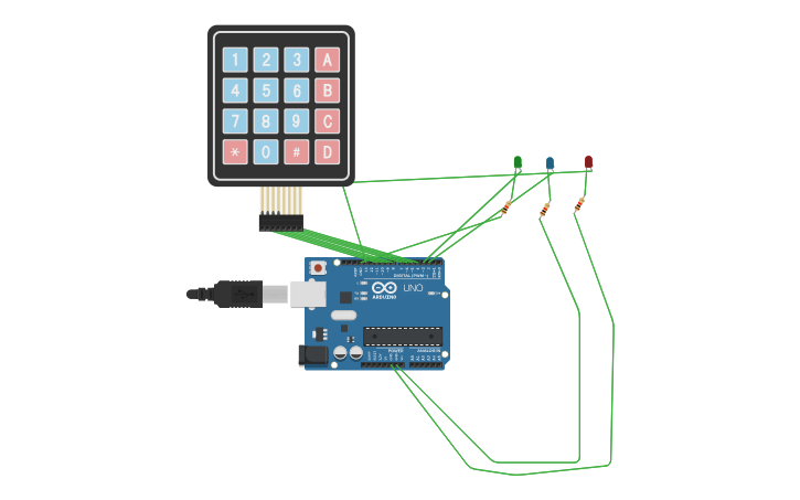 Circuit design 4X4 KEYPAD INTERFACING AND BLINKING 3 LEDS | Tinkercad