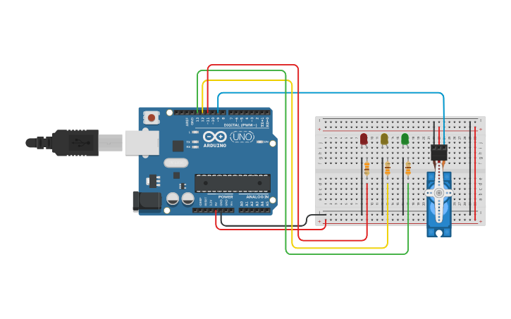 Circuit design Barrera de tren (servo y leds) - Tinkercad Circuit design Barrera de tren (servo y leds) - Tinkercad