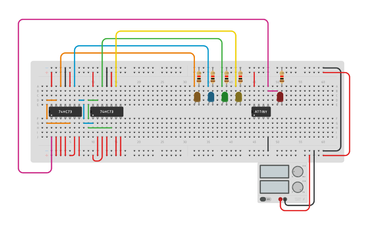 Circuit design 4-bit Asynchronous Down Counter - Tinkercad
