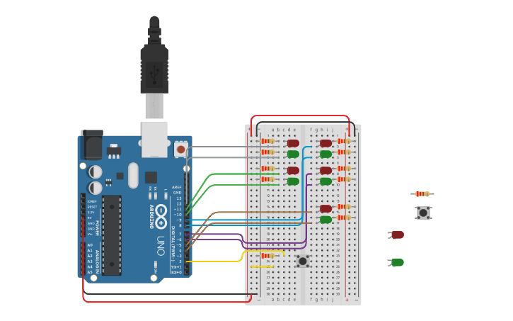 Circuit design Semáforo de cruzamento com botão para pedestre - Tinkercad