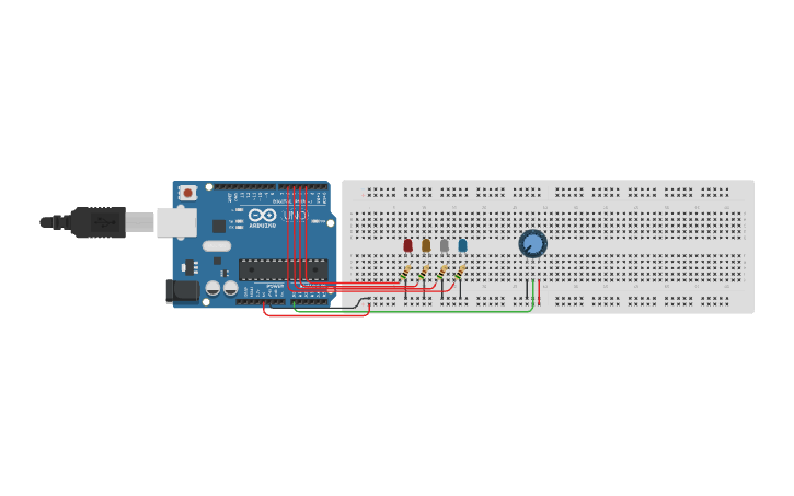 Circuit design Potentiometer led changer. | Tinkercad Circuit design Potentiometer led changer. | Tinkercad