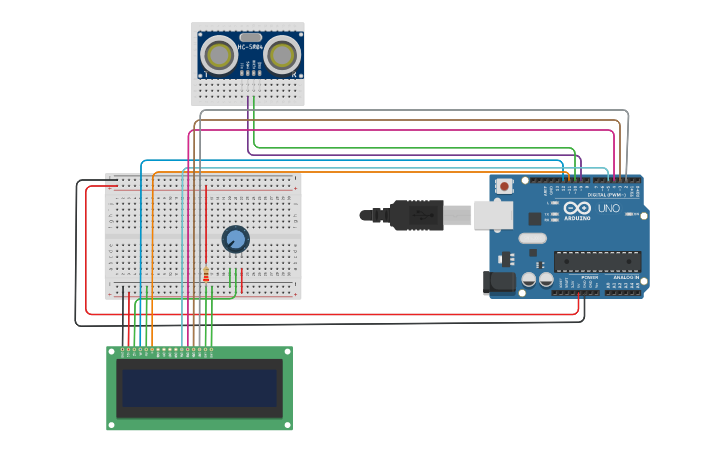 Circuit design sensor distancia - Tinkercad