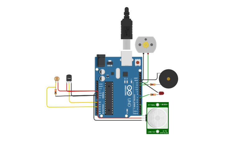 Circuit design ldr+pir+temp sensor - Tinkercad