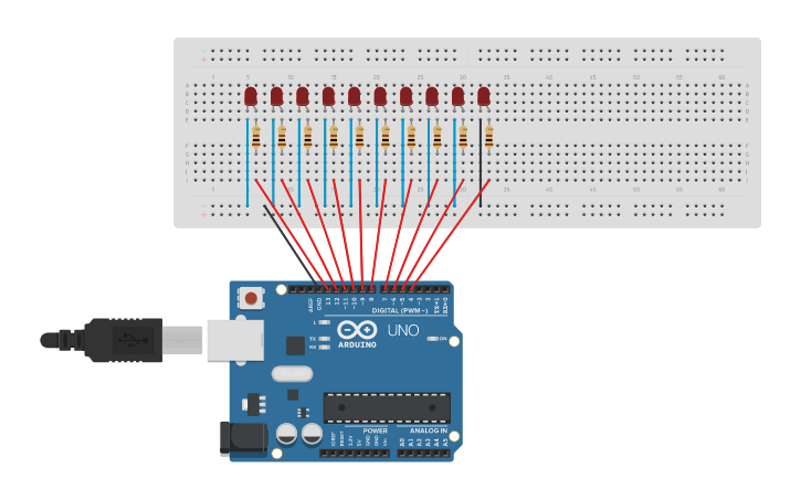Circuit design Project 5 LED Chase Effect - Tinkercad