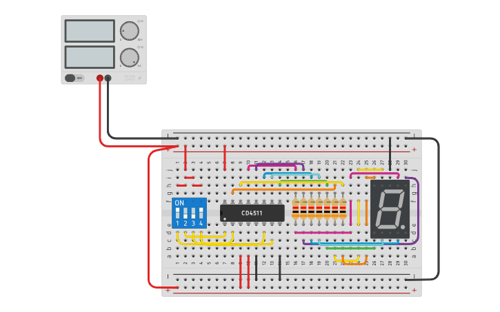 Circuit design DISPLAY 7 SEGMENTOS 4511 - 7448 - Tinkercad
