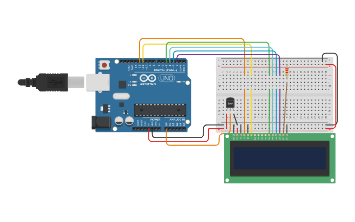 Circuit Design Вывод температуры на ЖК дисплей Tinkercad
