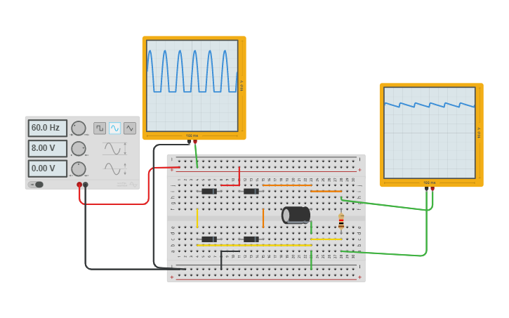 Circuit design Practica 2 Rectificador de onda completa - Tinkercad Circuit design Practica 2 Rectificador de onda completa - Tinkercad