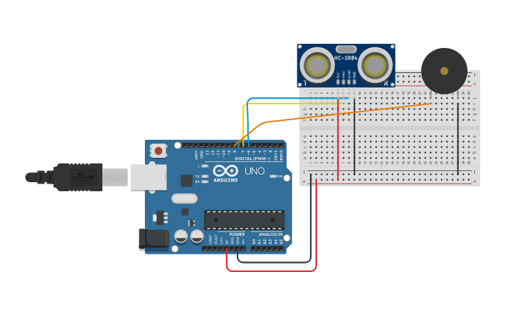 Circuit design ultra sonic sensor with piezo - Tinkercad