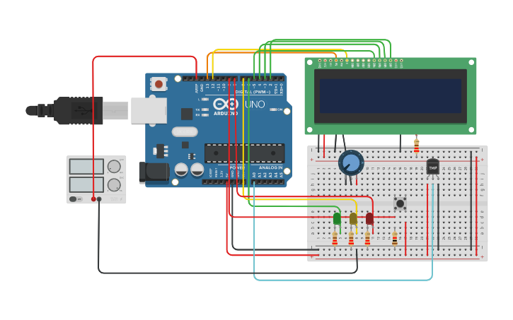 Circuit design F e P TMP-36 con temperatura su LCD e tre LED allert | Tinkercad
