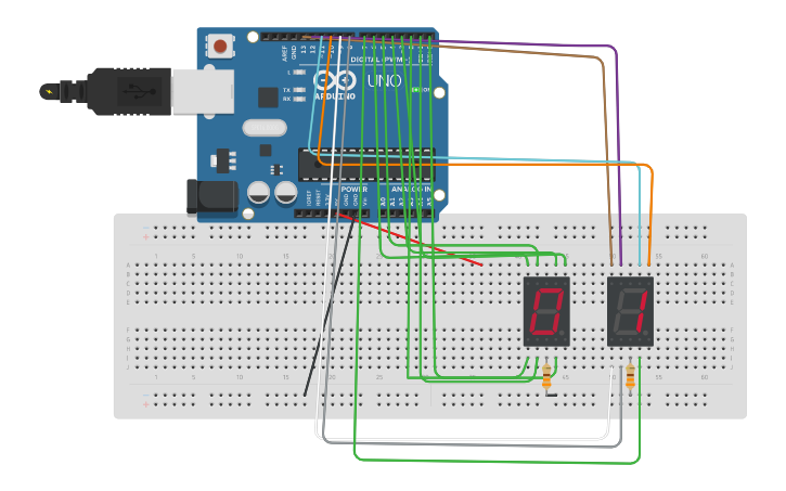 Circuit design Display de 7 segmentos del 0 al 99 - Tinkercad