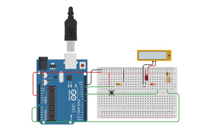 Circuit design Pulsador y sensor - Tinkercad