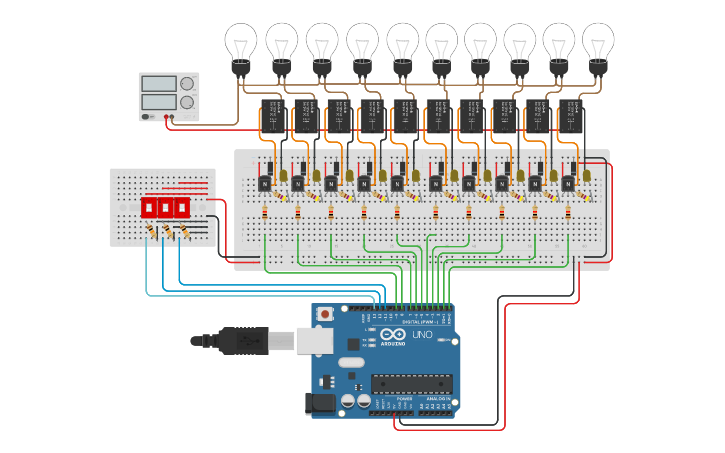 Circuit design Práctica 4.1 - Juego de luces (10 canales) | Tinkercad