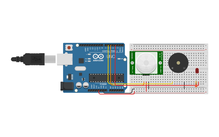 Circuit design pir, led, buzzer - Tinkercad