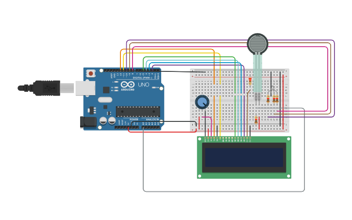 Circuit design Force Sensor + LCD + LED - Tinkercad