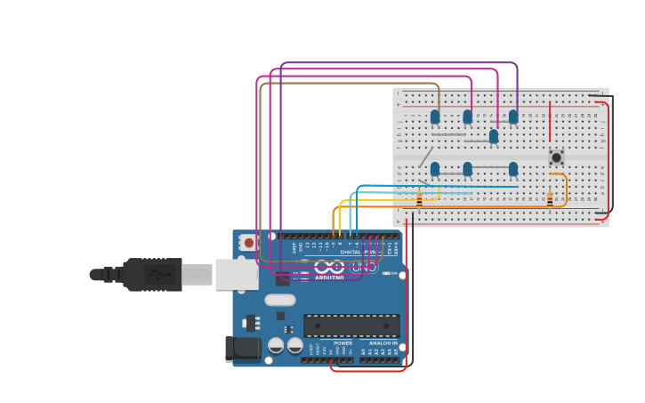 Circuit design Projeto Dado eletrico+Arduino - Tinkercad