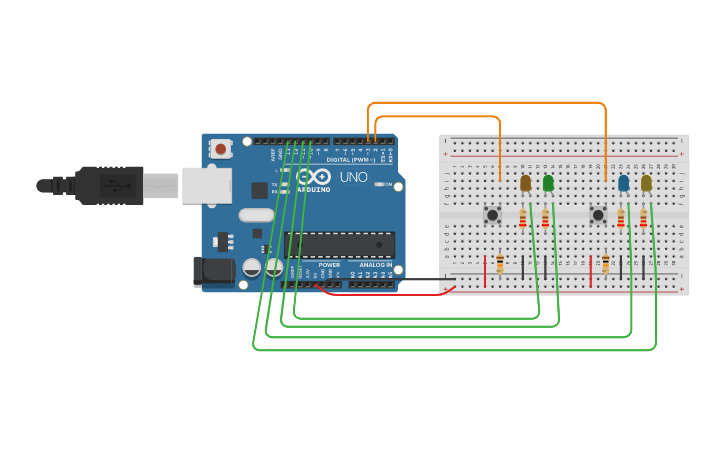 Circuit design Two Buttons Control 4 LEDs Blink - Tinkercad
