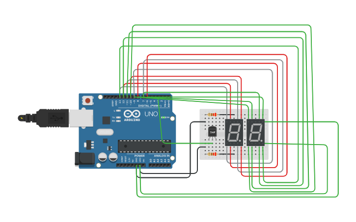 Circuit design 7-segment LED display - Tinkercad
