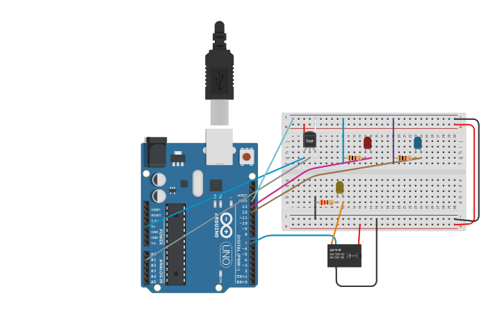 Circuit design TMP+Relais+LED Blocs | Tinkercad