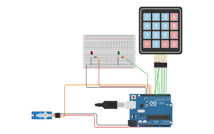 Circuit design keypad servo - Tinkercad