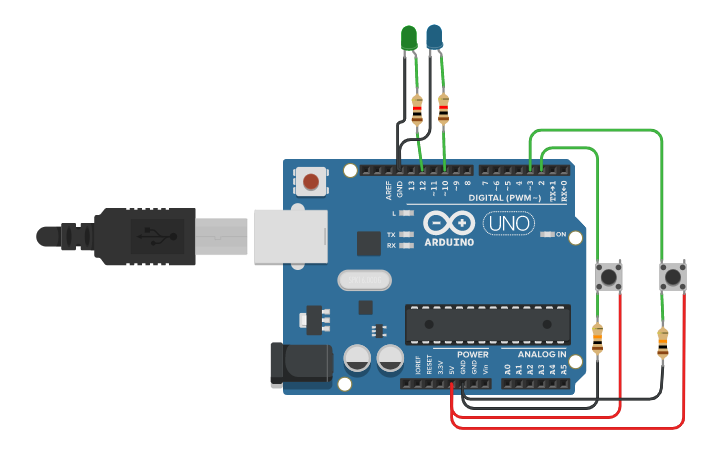 Circuit design Copy of exer 2 Botões | Tinkercad
