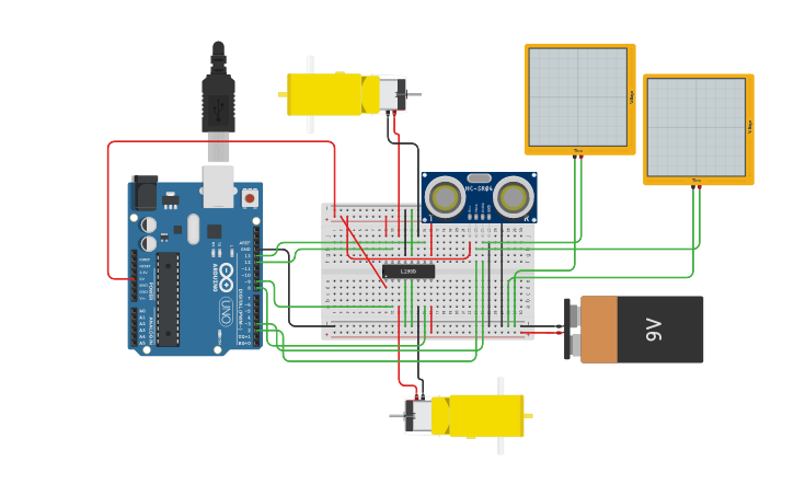 Circuit design 2Motors DC + ultrasonic | Tinkercad