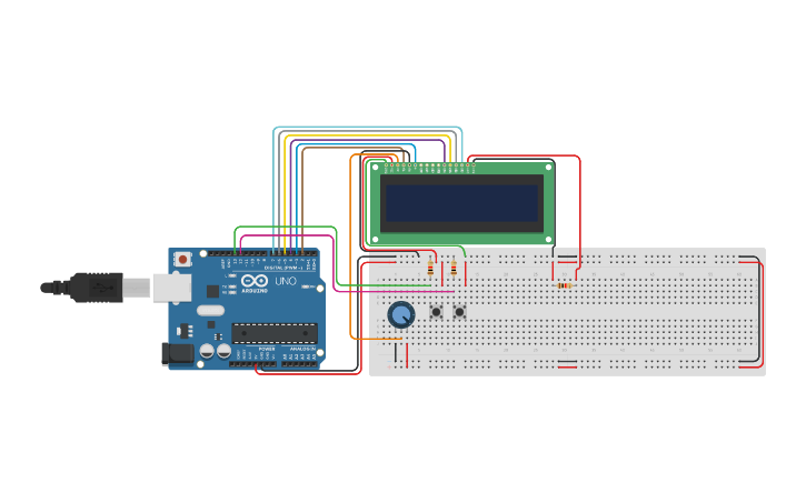 Circuit design Prática 4–LCD com botões | Tinkercad