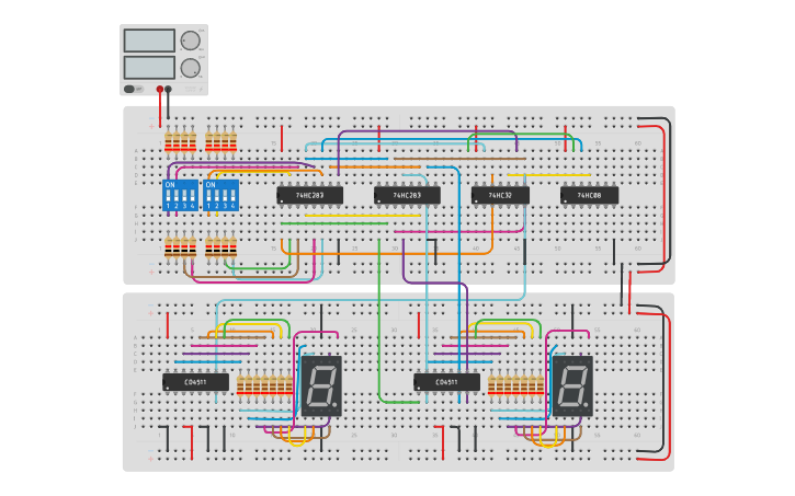 Circuit design Sumador de 4 bits - Tinkercad Circuit design Sumador de 4 bits - Tinkercad