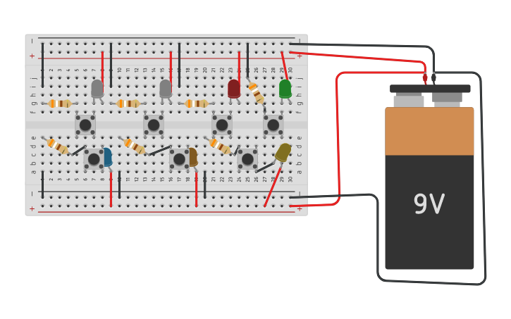 Circuit design Circuito eléctrico de 7 leds, 7 pulsadors, 7 resistencias | Tinkercad