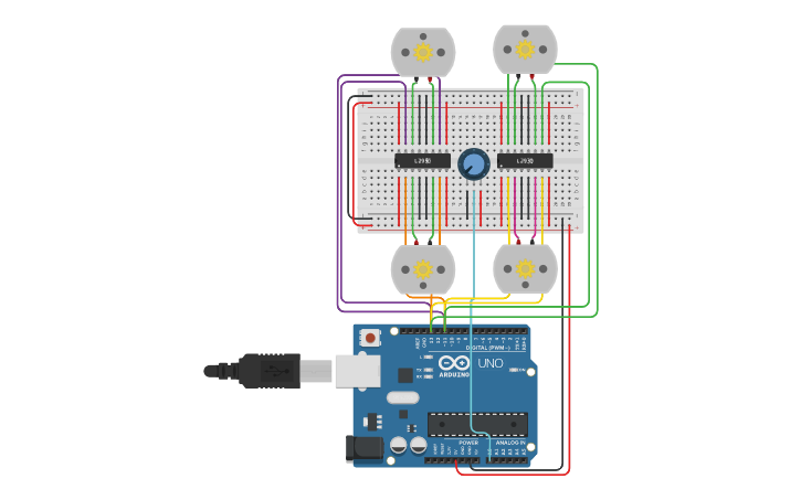 Circuit design Desafio 4 motores - Tinkercad