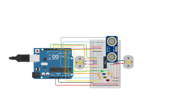 Circuit design two motors with ultrasonic | Tinkercad