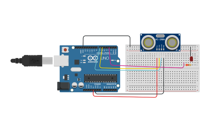 Circuit design Sensor Ultrassônico-Acende Led - Tinkercad